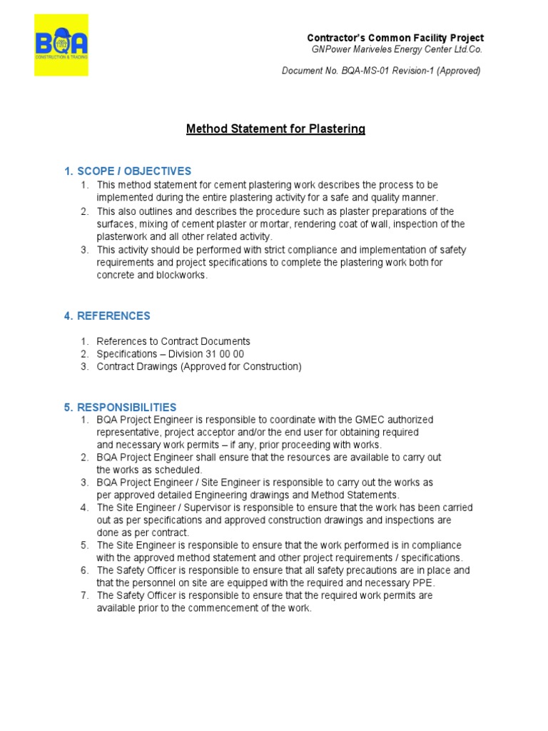 Method Statement for Plastering | PDF