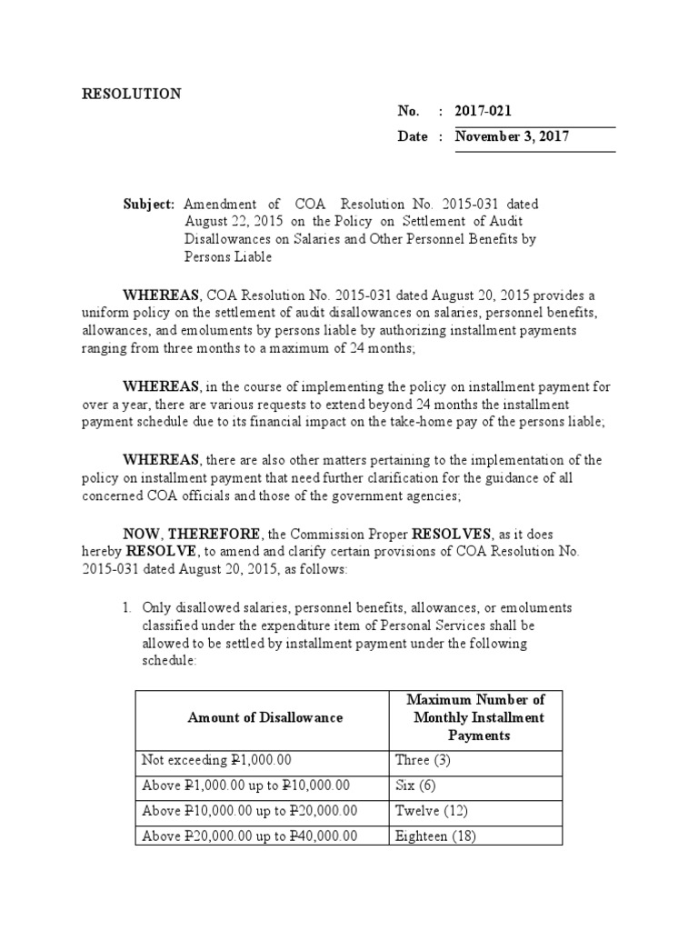 COA RESOLUTION Installment Payment | PDF
