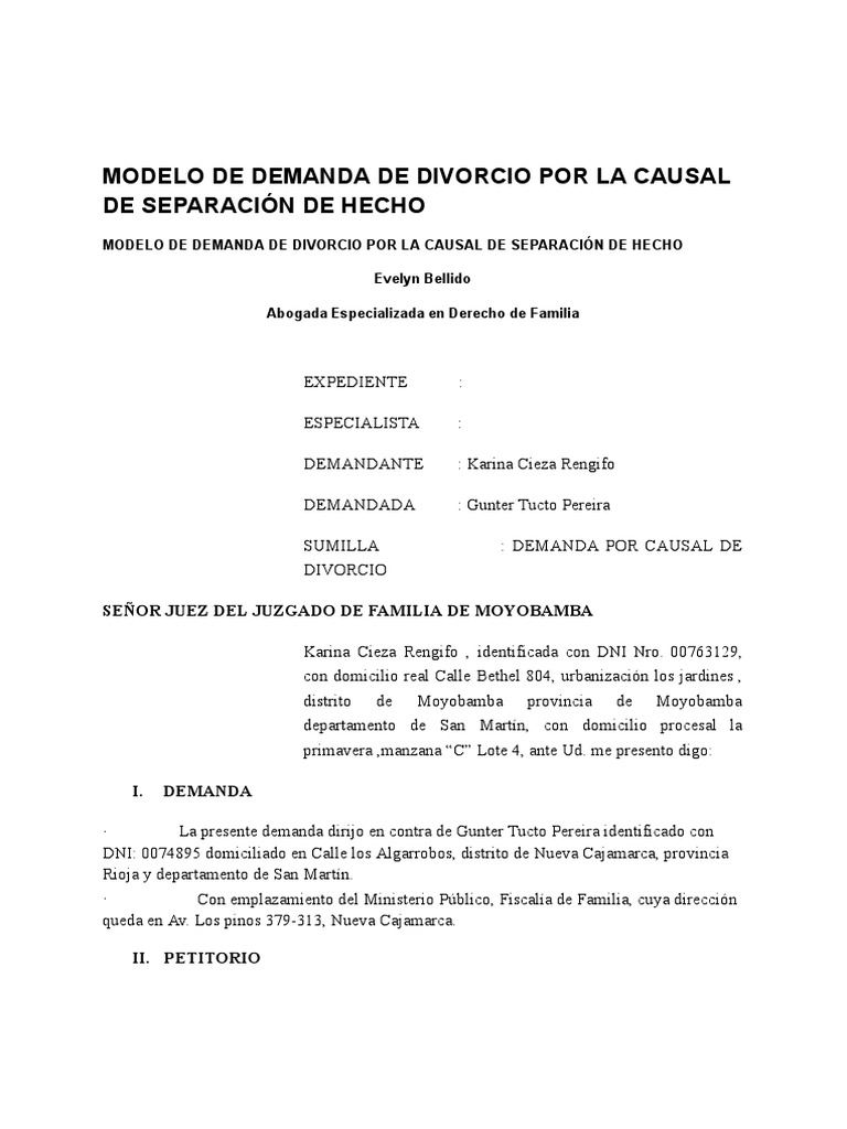 Modelo de Demanda de Divorcio Por La Causal de Separación de Hecho | PDF | Demanda judicial ...