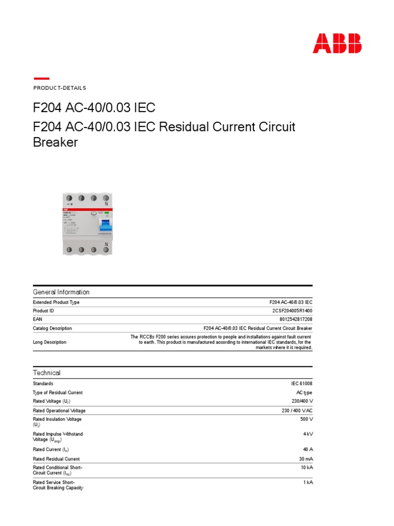 F204 AC-40/0.03 IEC RCCB Specifications | PDF