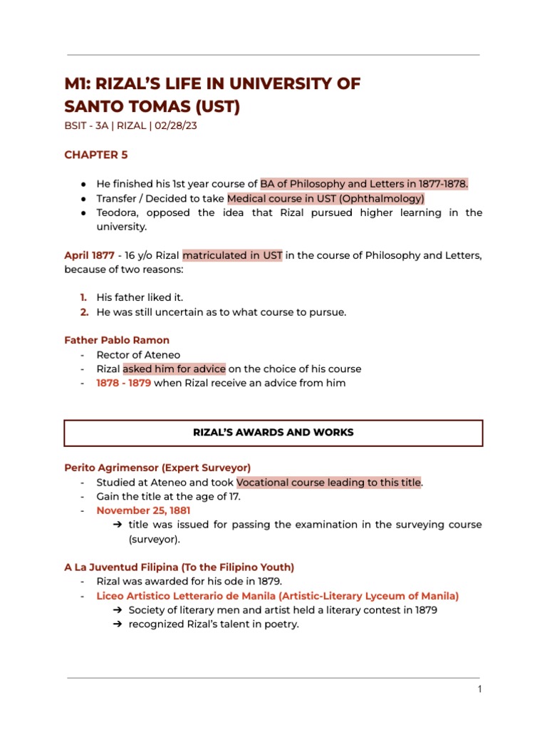 Rizal's University Life at UST | PDF | Classics