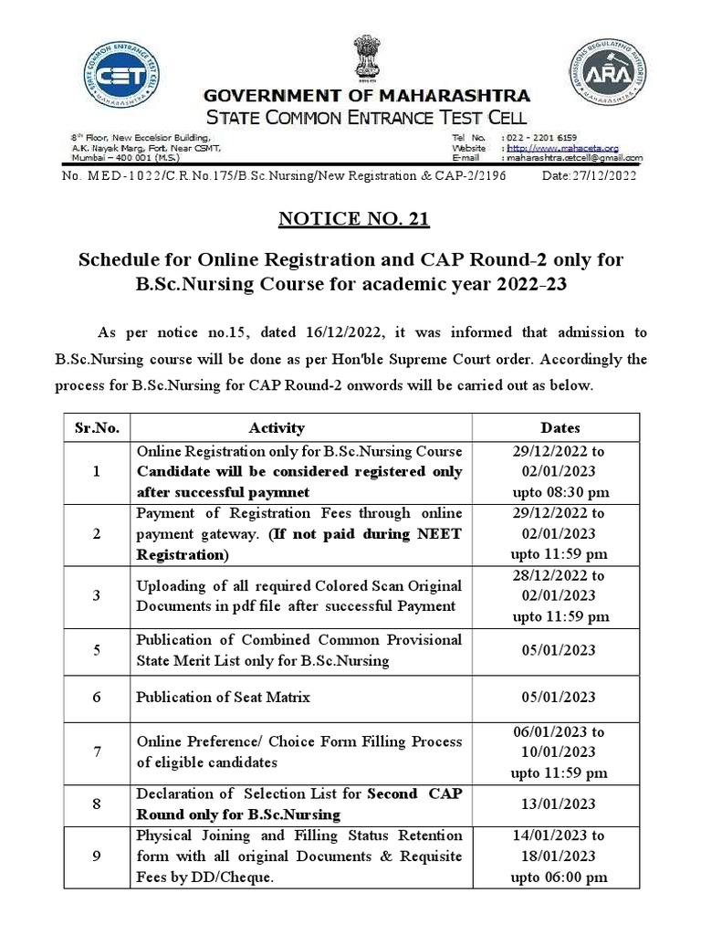 Notice No.21 B.SC - Nursing Registraion & 2nd CAP Schedule | PDF