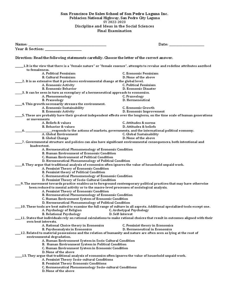Diss Final Examination SY 22 23 | PDF | Economics | Hermeneutics