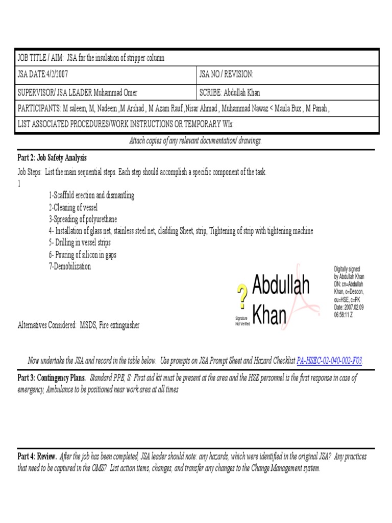 JSA For Insulation of Vessel | PDF | Personal Protective Equipment ...
