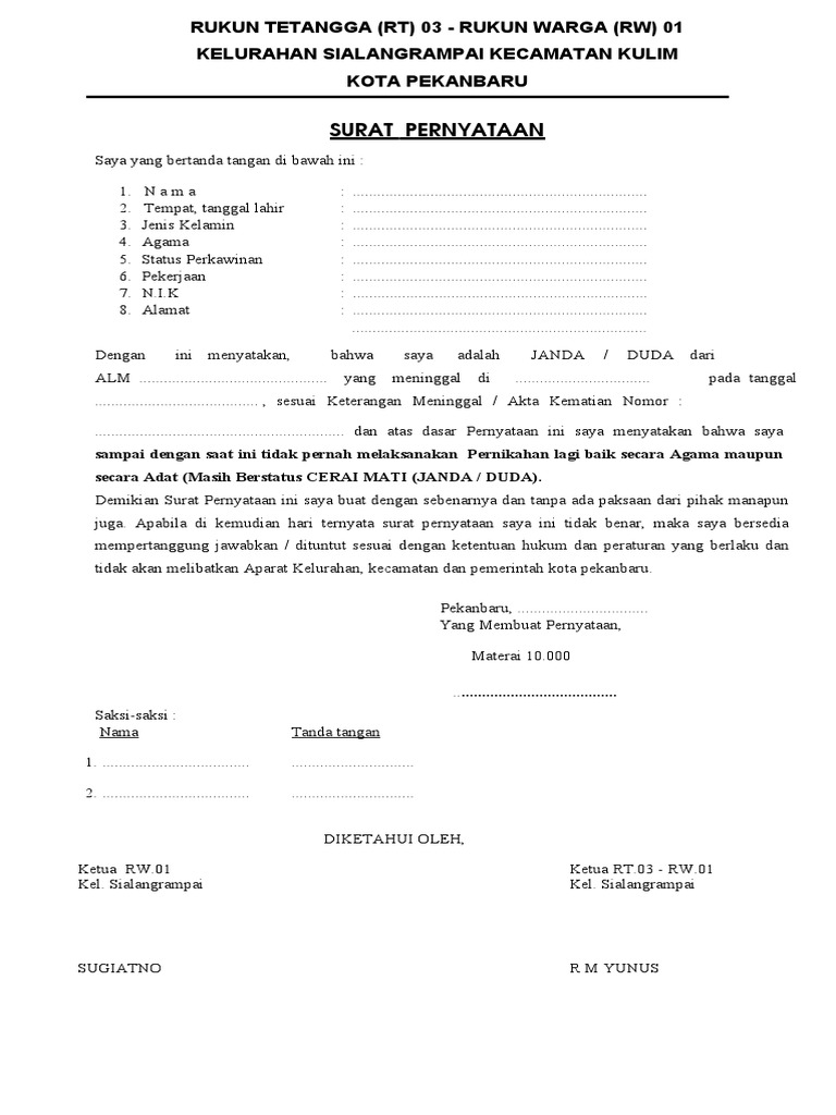 Surat Keterangan Janda Atau Duda | PDF