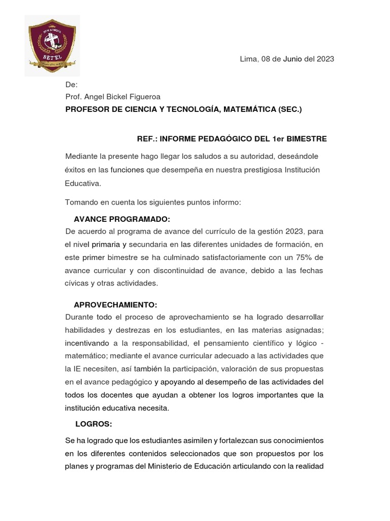 INFORME ACADEMICO I BIMESTRE Angel Bickel | PDF | Maestros | Plan de estudios