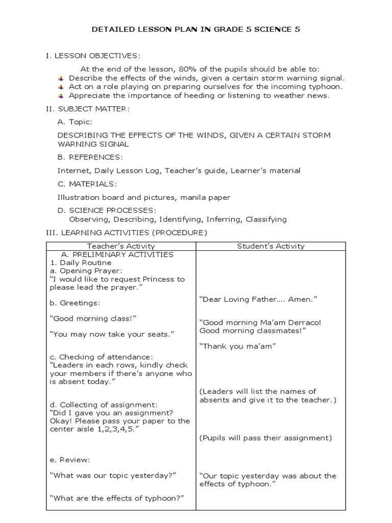 Detailed Lesson Plan in Grade 5 Science | PDF | Tropical Cyclones ...