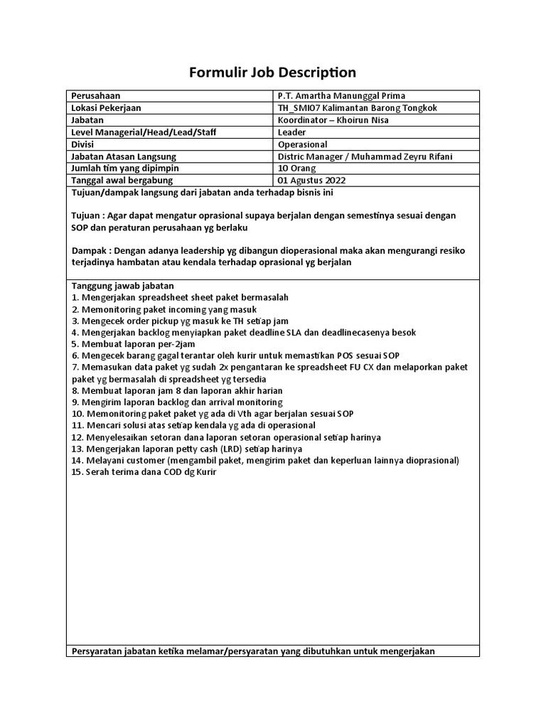 Job Description Form | PDF | Karier & Perkembangan | Pengelolaan ...