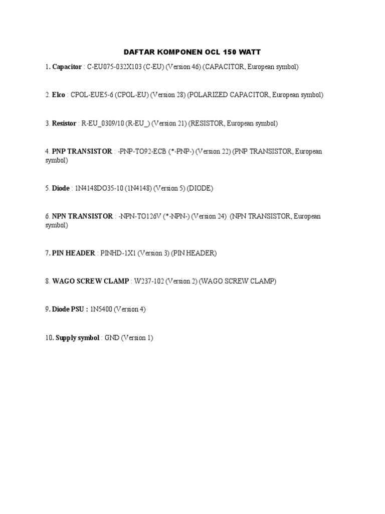 Daftar Komponen Ocl 150 Watt | PDF