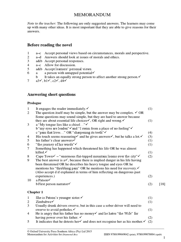 Diamond Boy - Memorandum - Activities in Book | PDF