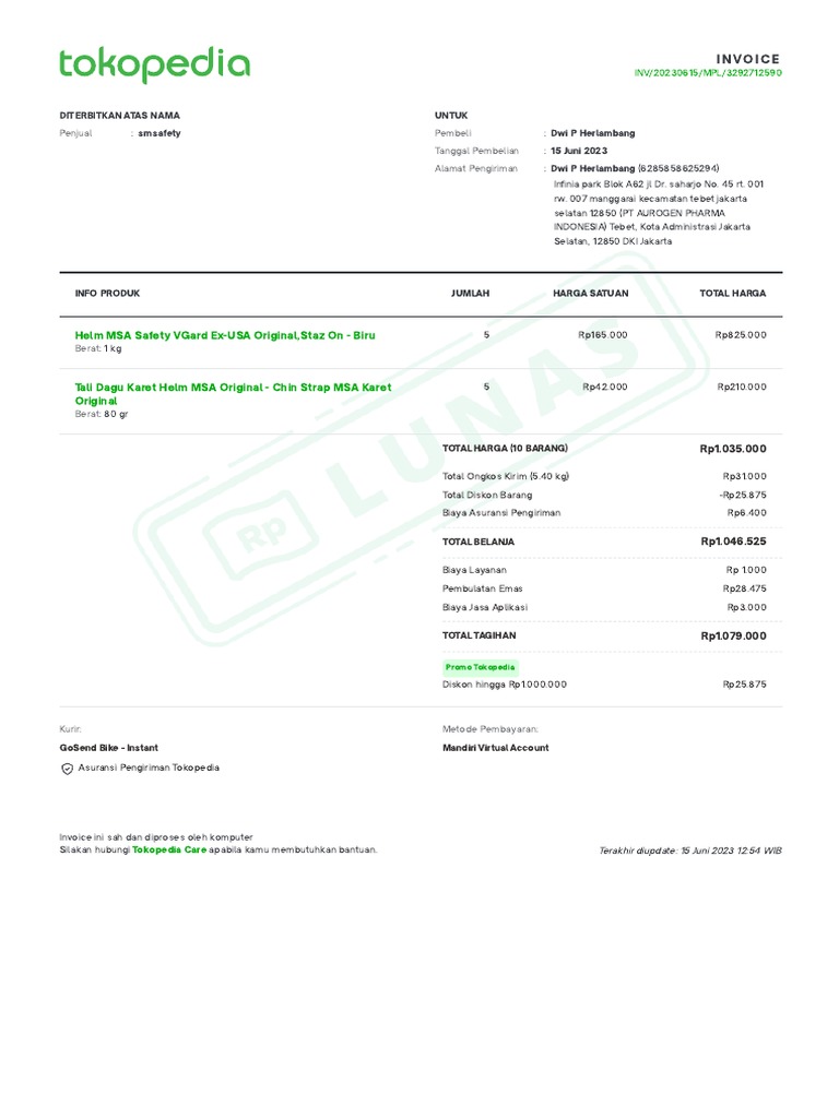 Invoice Pembelian Helm MSA Safety | PDF