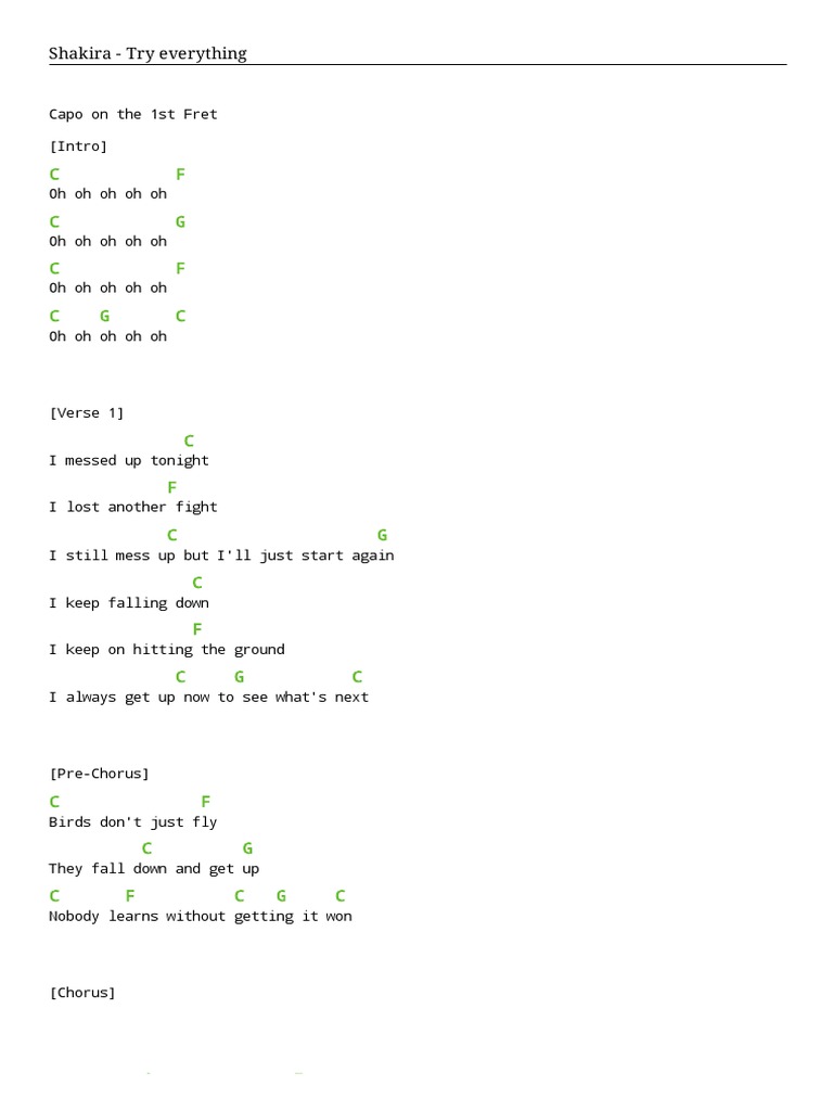 Shakira - Try Everything Chords | PDF | Song Structure | Songs