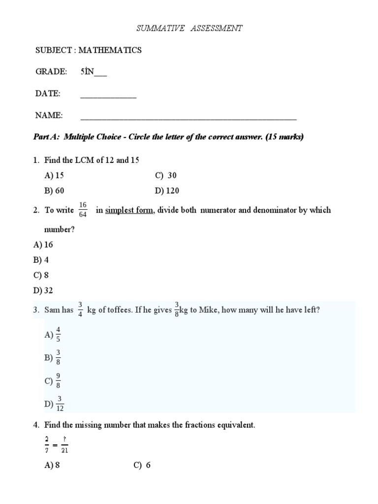 Test Grade 5 Fractions | PDF