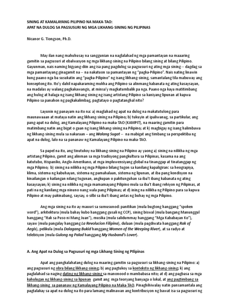 Tiongson Sining at Kamalayang Pilipino Na Maka-TAO | PDF