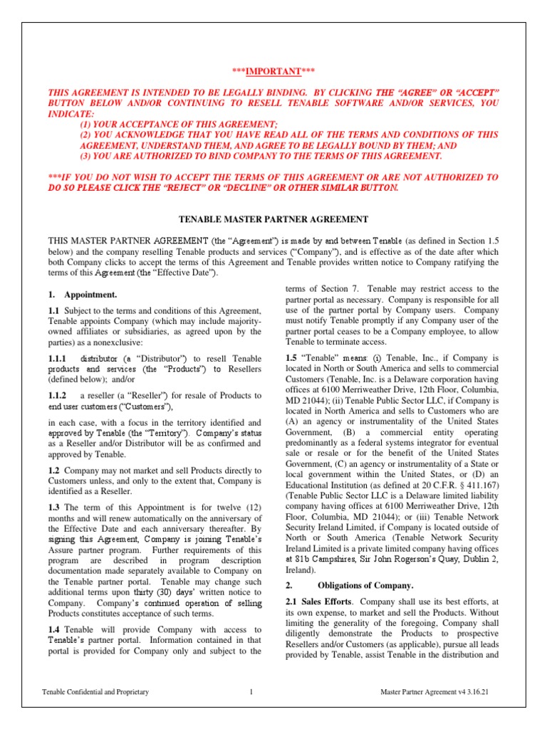 Tenable+Master+Partner+Agreement+v4+3 16 21+CLICK | PDF | Intellectual ...