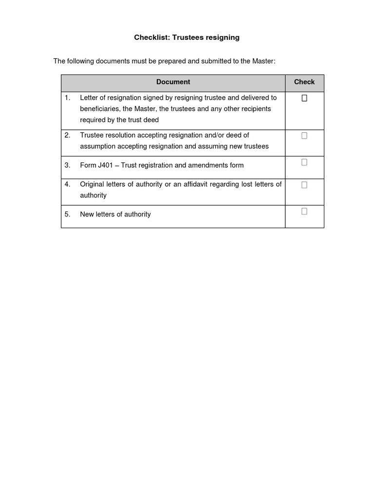 Checklist Trustees Resigning | PDF Checklist Trustees Resigning | PDF