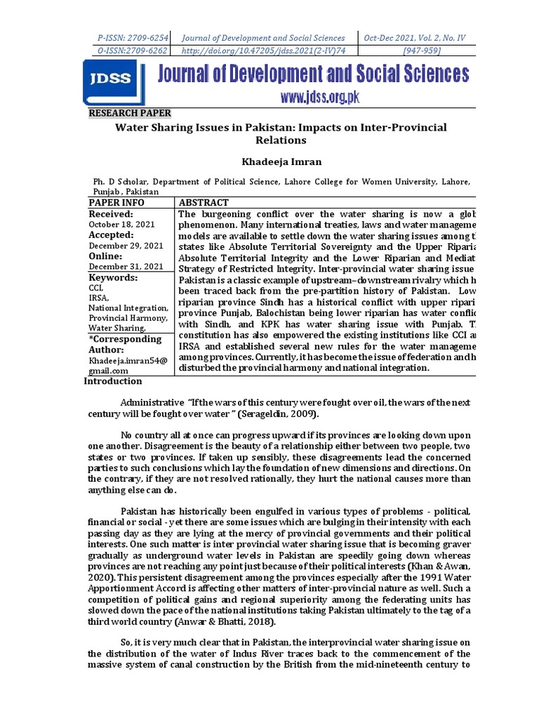 Water Sharing Issues in Pakistan Impacts On Inter Provincial Relations ...