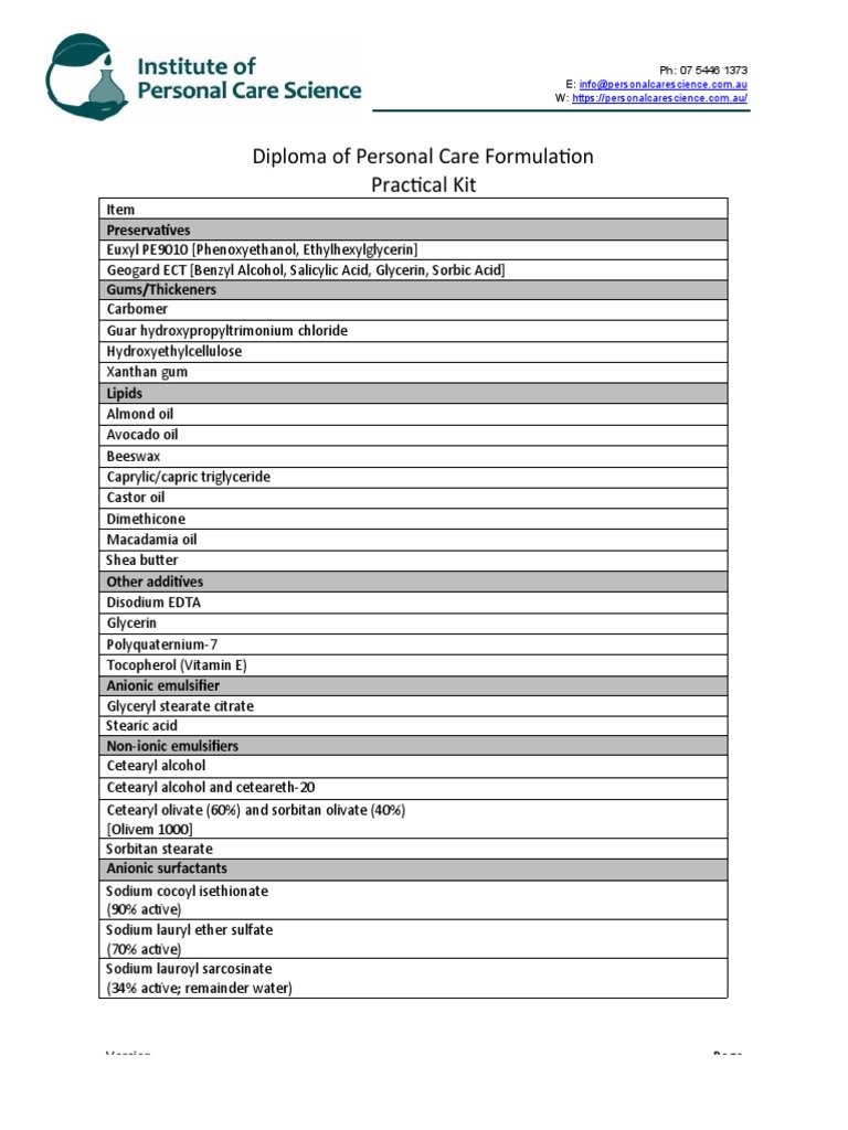 Cosmetic Formulation Practical Kit - 060551 | PDF