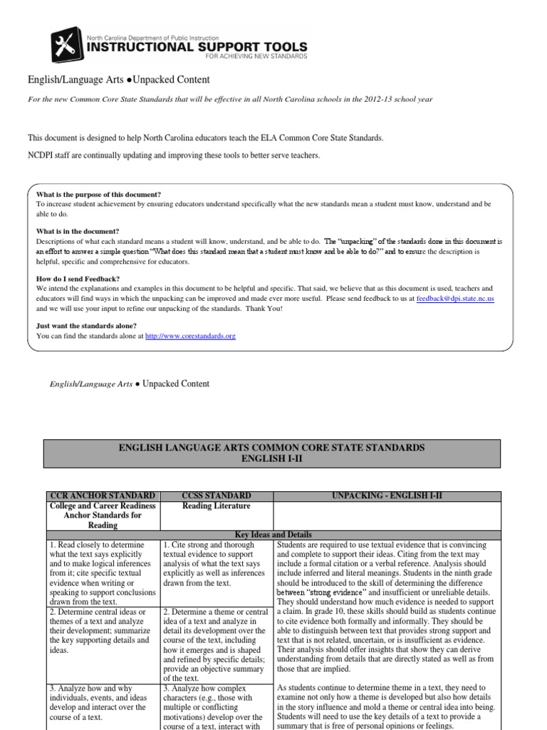 9th 10th ELA Unpacking Document | PDF | Reading Comprehension | Narrative