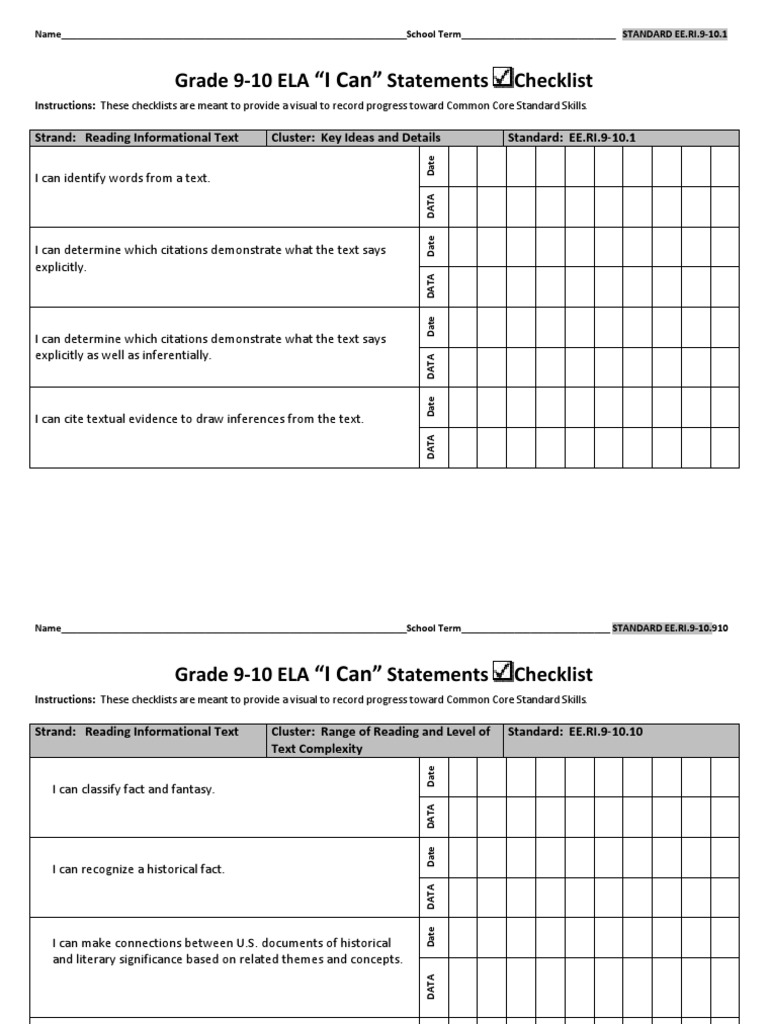 ELA 9 10 I Can Checklist | PDF | English Language | Data