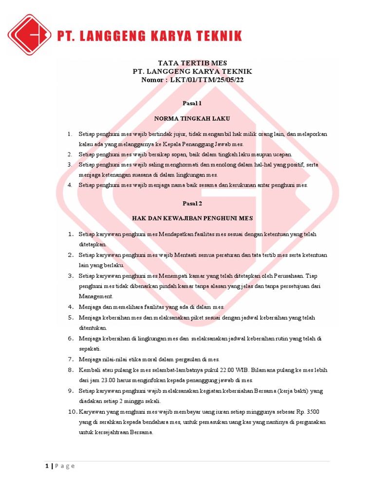 Tata Tertib Penghuni Mes PT Langgeng | PDF