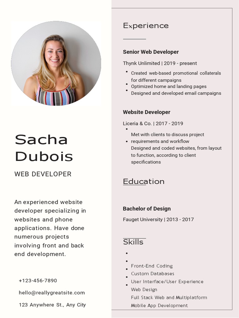 Modern Clean Professional Photo Web Developer Resume CV | PDF