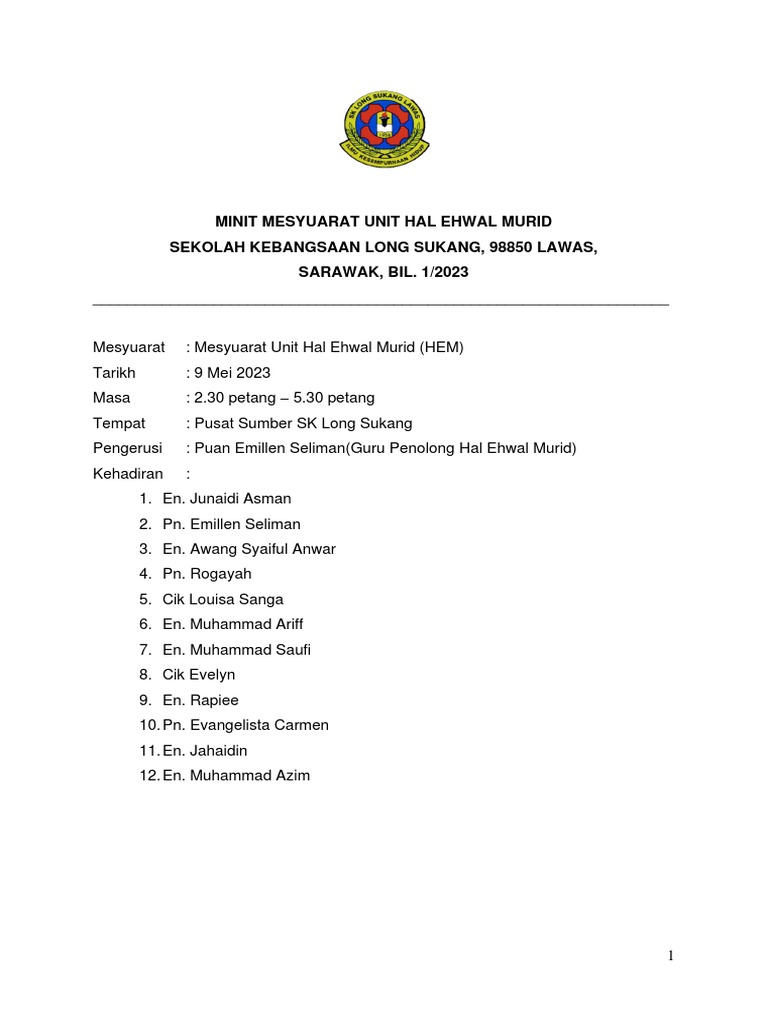 Minit Mesyuarat Unit Hem Bil 1 23 | PDF