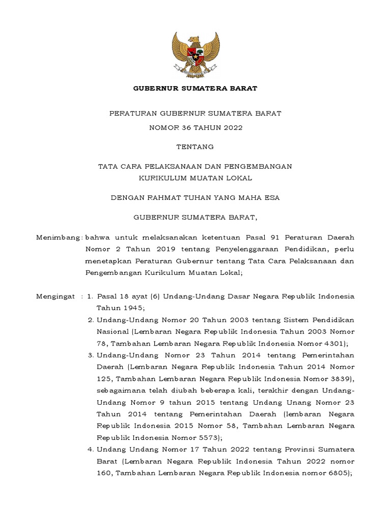 Pergub No.36 Tahun 2022 TTG Mulok Keminangkabauan | PDF Pergub No.36 Tahun 2022 TTG Mulok Keminangkabauan | PDF