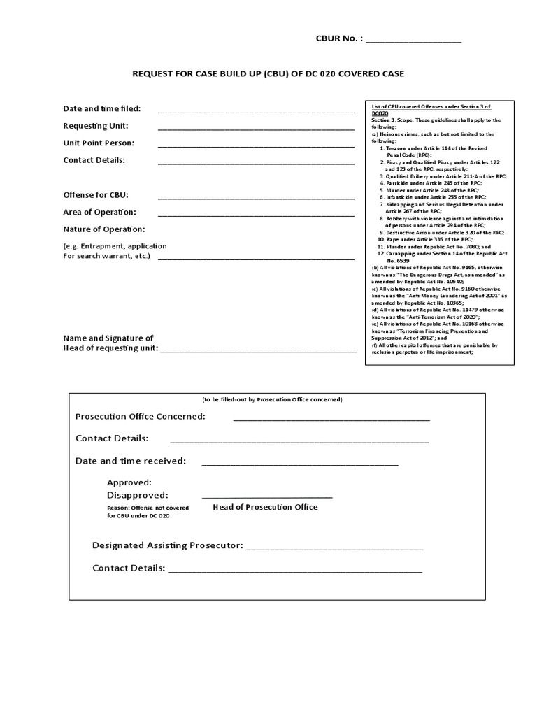 REQUEST FOR CASE BUILD UP (CBU) OF DC 020 COVERED CASE | PDF