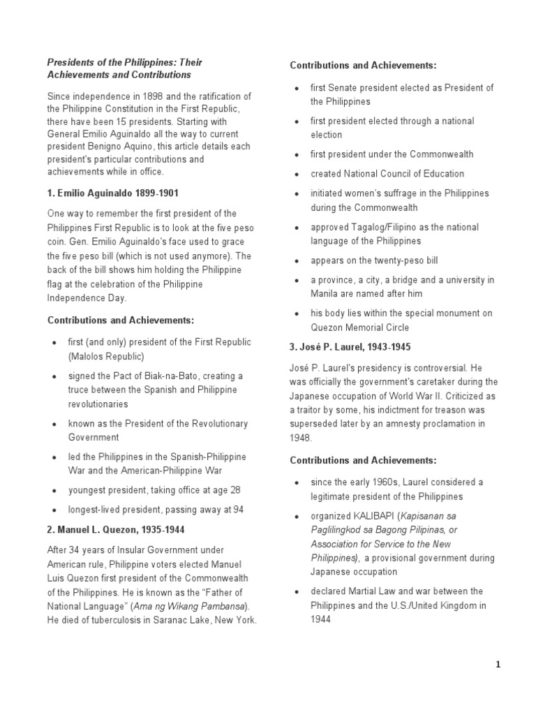 Presidents of The Philippines - Docx Version 1 | PDF | President Of The Philippines | World Politics