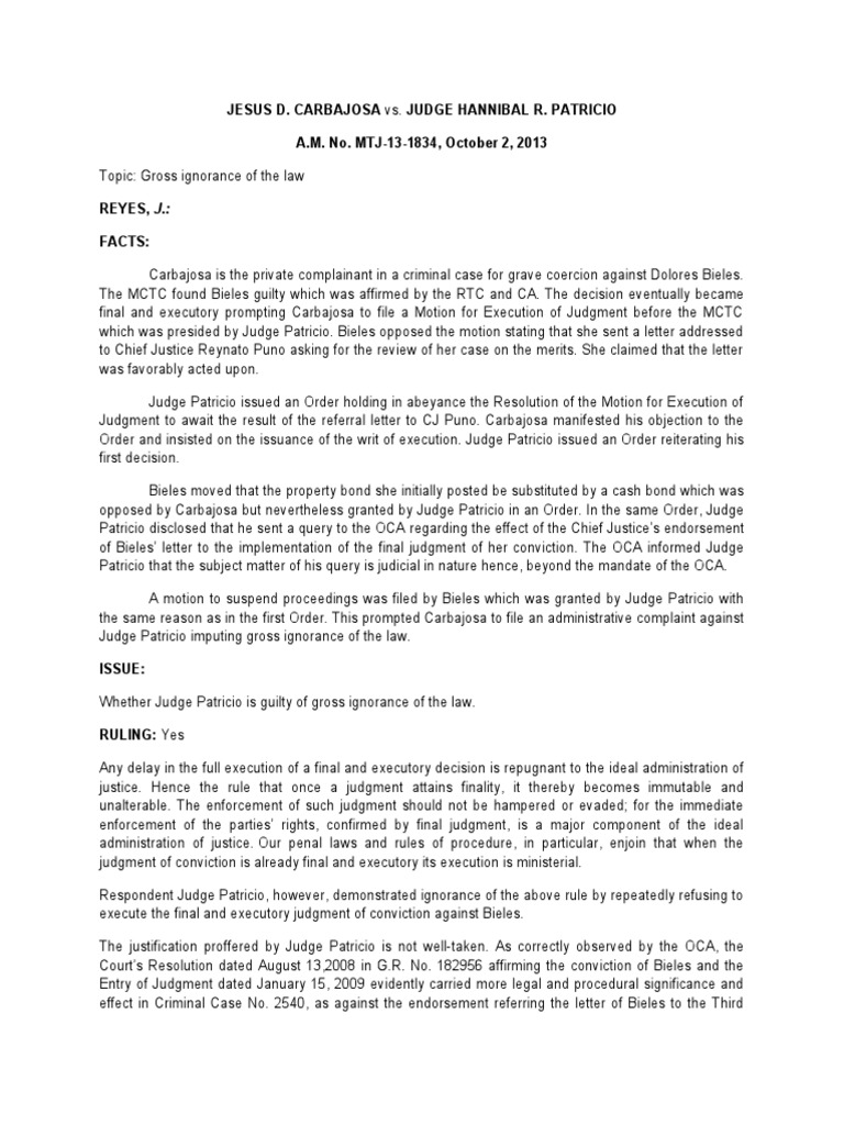 JESUS D. CARBAJOSA vs. JUDGE HANNIBAL R. PATRICIO | PDF | Judgment (Law ...