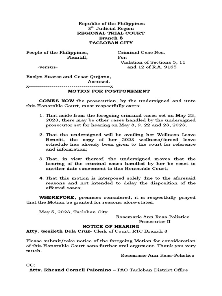 Motion For Postponement RTC 8 | PDF