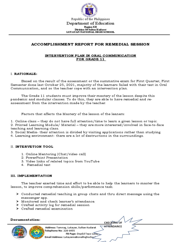Accomplishment Report 0n Remedial | PDF | Wellness