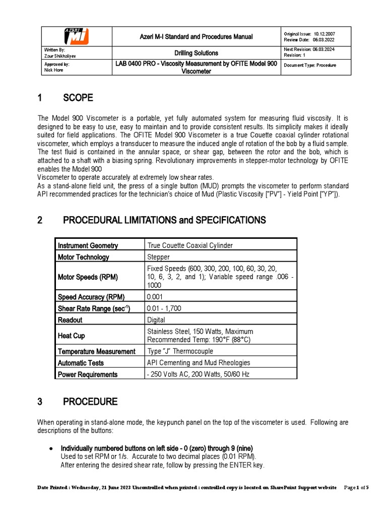 OFITE 900 Viscometer Procedure Guide | PDF | Viscosity | Applied And ...