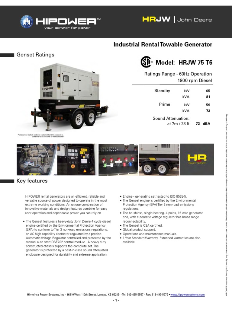 Hipower - HRJW 75 T6 | PDF | Electric Generator | Engines