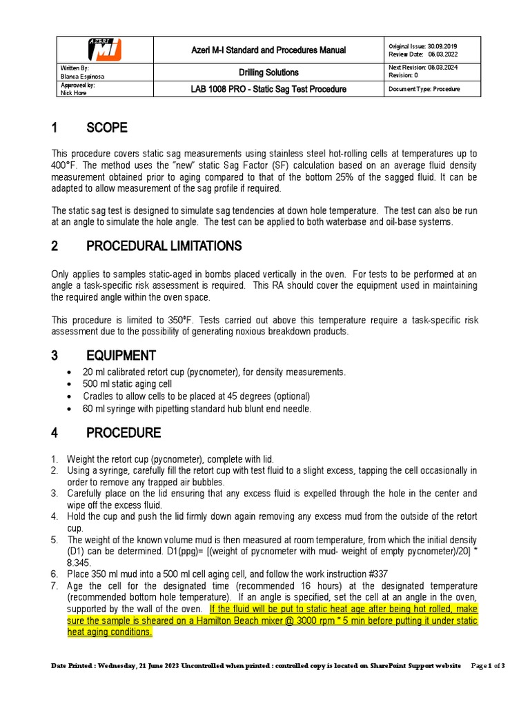 Static Sag Test Procedure | PDF | Density | Syringe