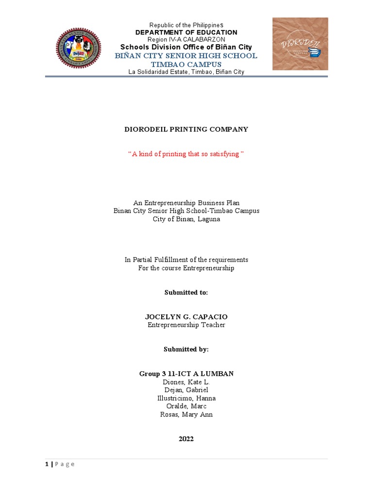 Diorodeil Printing Co. Business Plan | PDF | Market Segmentation ...