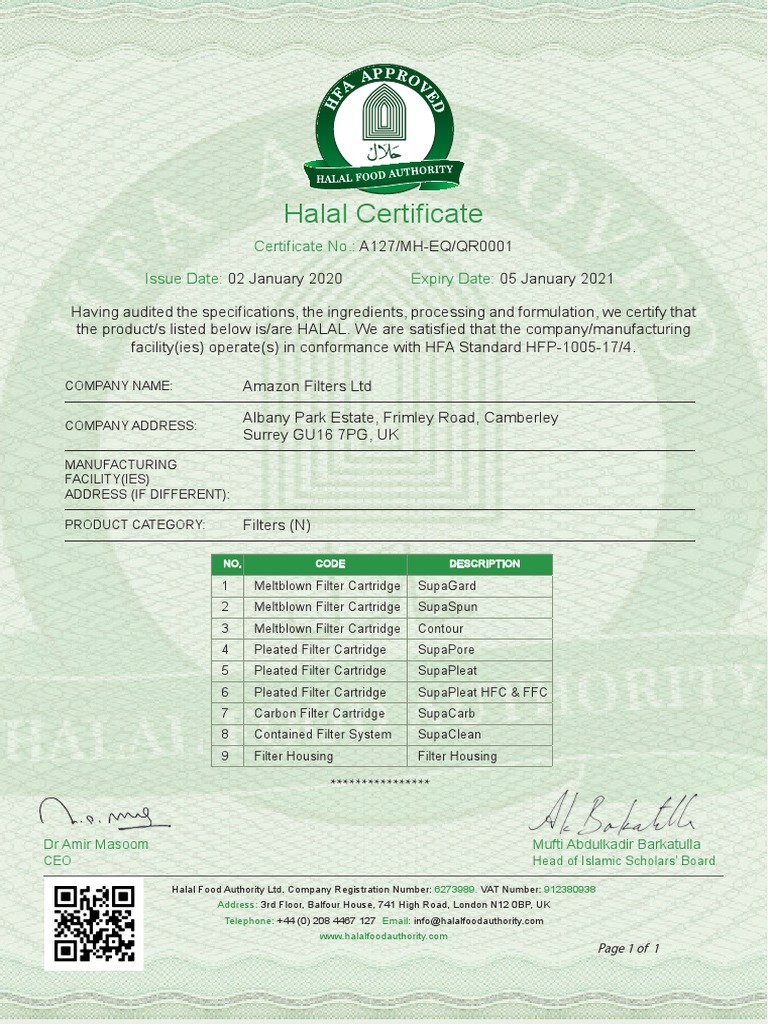 Halal Certification for Amazon Filters Ltd | PDF