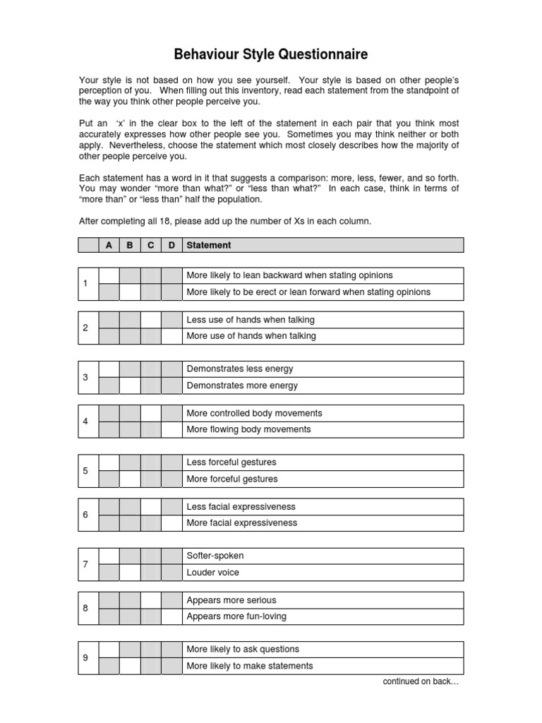Business Behaviour Style Questionnaire 4.0 | PDF | Cognitive Psychology ...