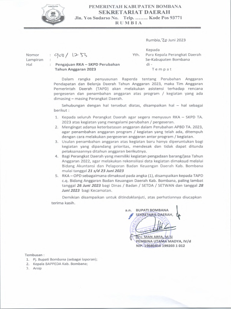 Surat Pengajuan Rka-Skpd Perubahan Ta. 2023 | PDF