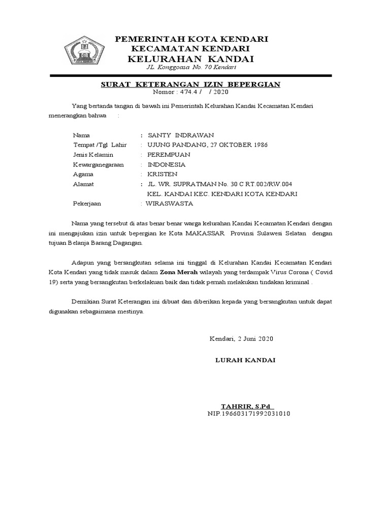 Surat Keterangan Bepergian Dll | PDF