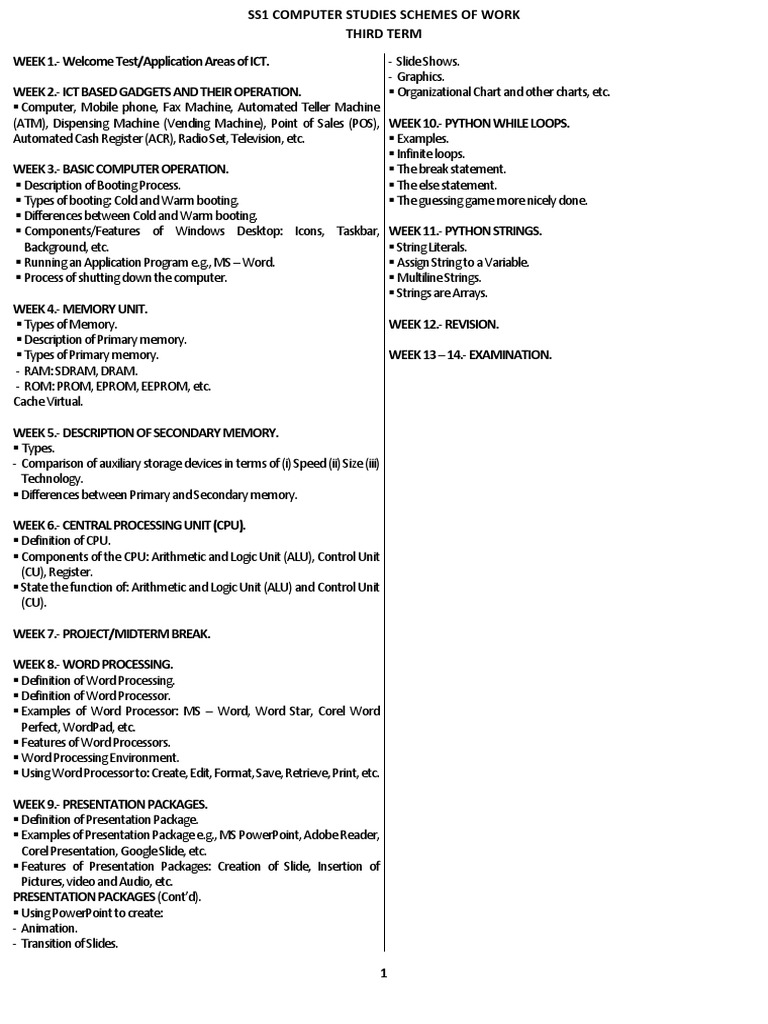 Ict SS1 3RD Term Note | PDF | Computer Data Storage | Random Access Memory