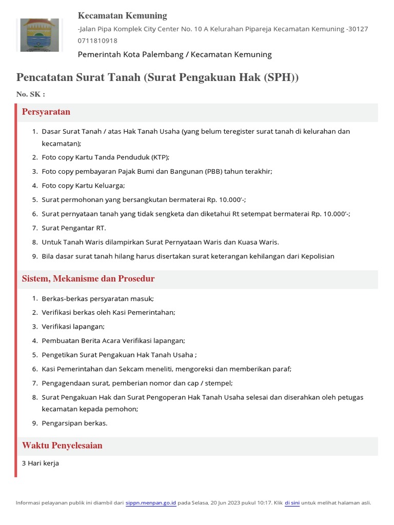 Unduh Standar Pelayanan - Pencatatan Surat Tanah (Surat Pengakuan Hak (SPH)) | PDF