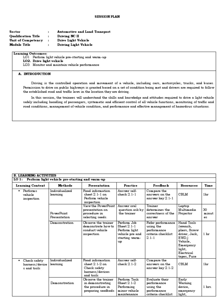 3 Session Plan | PDF | Vehicles | Learning