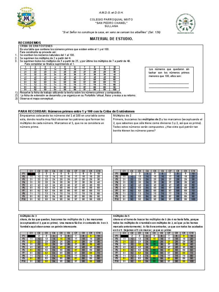 Material Numeros Primos Suma y Multiplicacion de Divisores de Un Número | PDF | Número primo ...