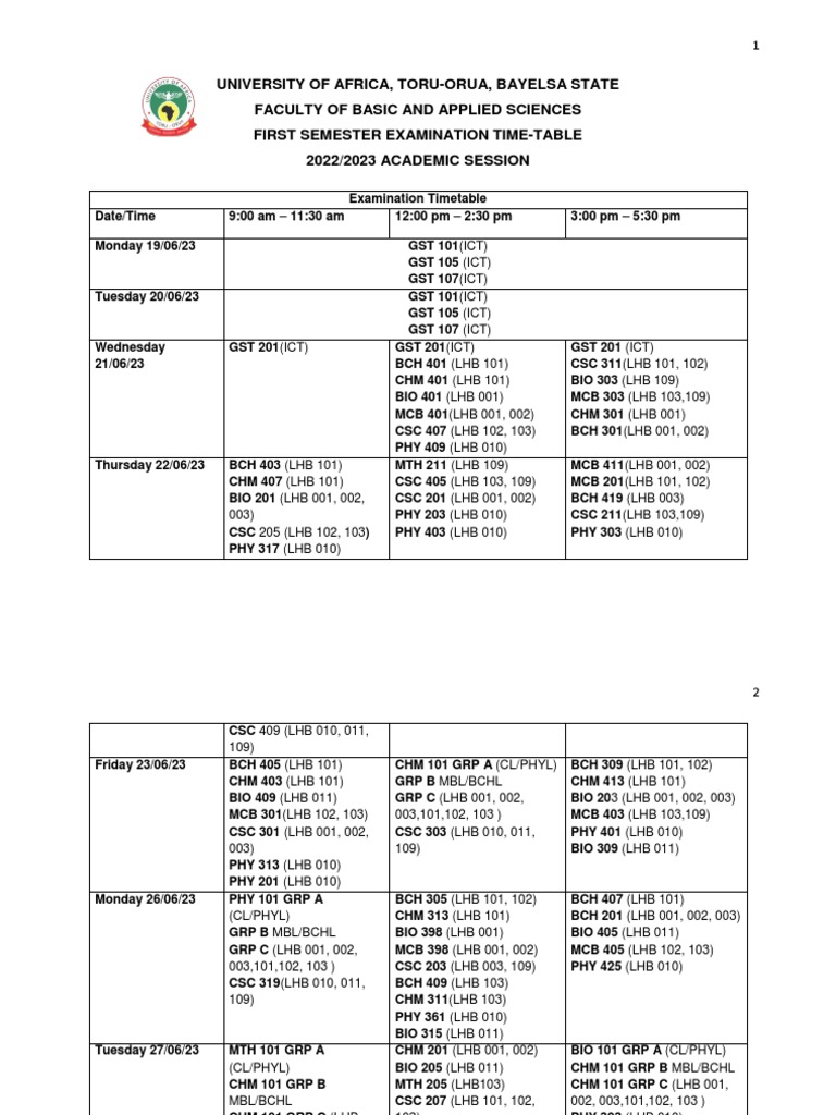 First Semester Examination Timetable, 2022-2023 Session | PDF
