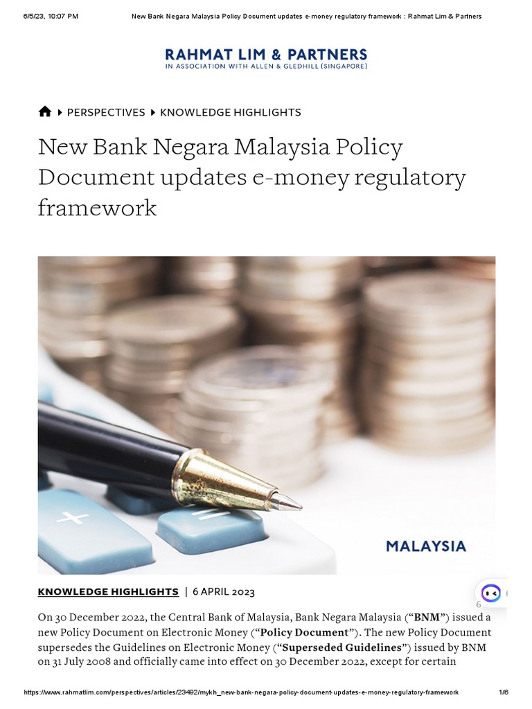 New Bank Negara Malaysia Policy Document Updates E Money Regulatory Framework Rahmat Lim