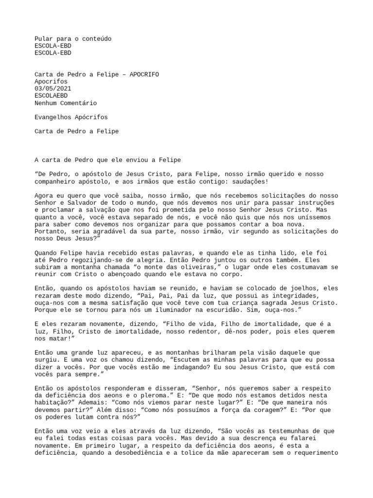 Carta Apócrifa de Pedro a Felipe | PDF | Jesus | São Pedro