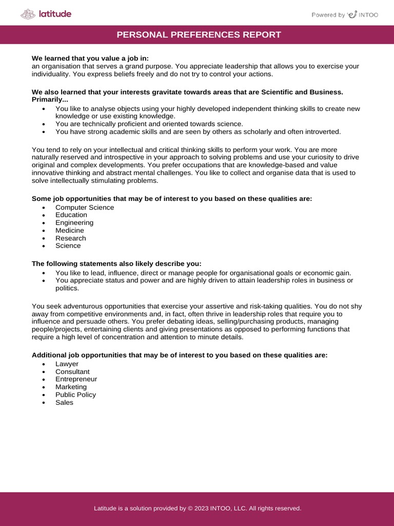 Personal Preferences Report Latitude | PDF | Career & Growth