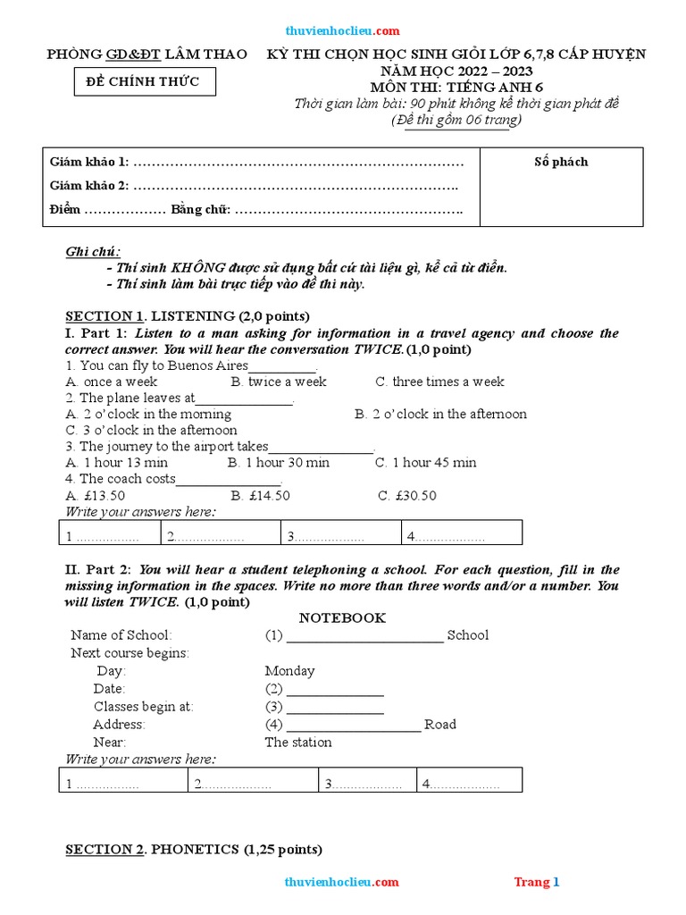 De-thi-HSG-Tieng-Anh-6-huyen-Lam-Thao-22-23 | PDF | David Beckham | English Language